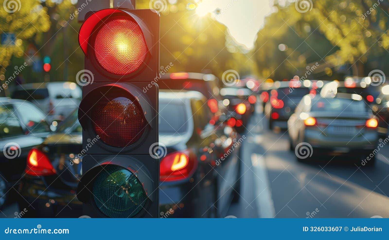 Detailed Perspective of a Traffic Light with Blurry Car Traffic in the ...