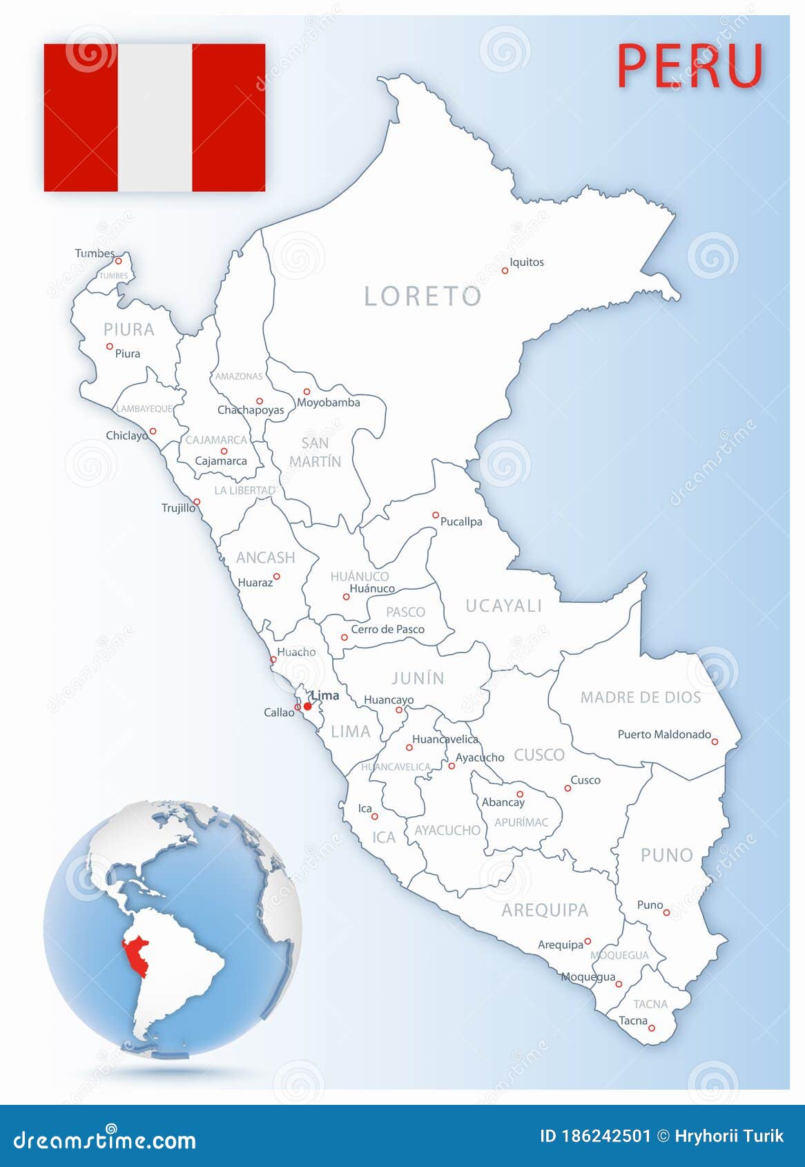 Detailed Peru Administrative Map with Country Flag and Location on a ...