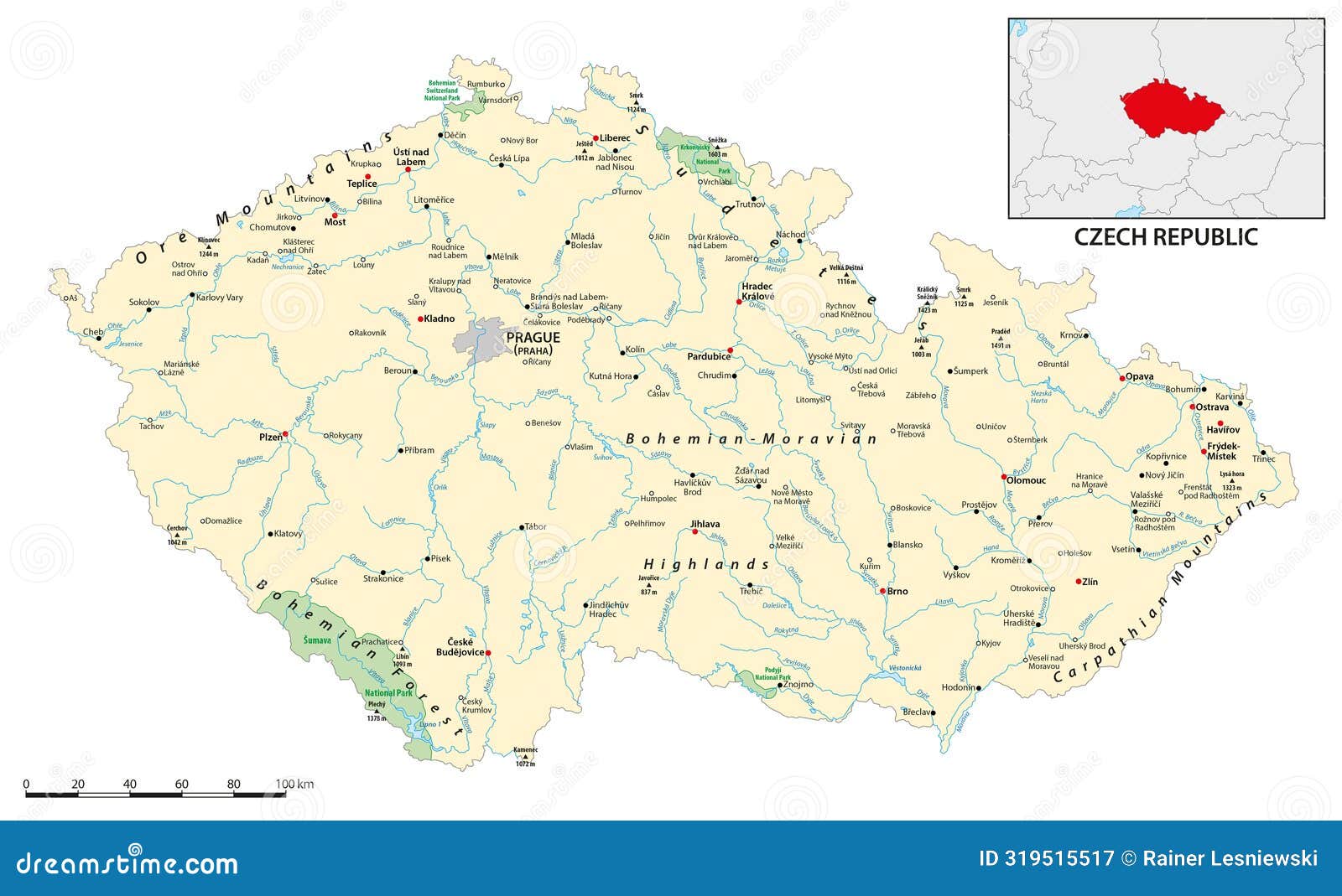 Detailed Physical Map of Czech Republic with Labeling Stock ...