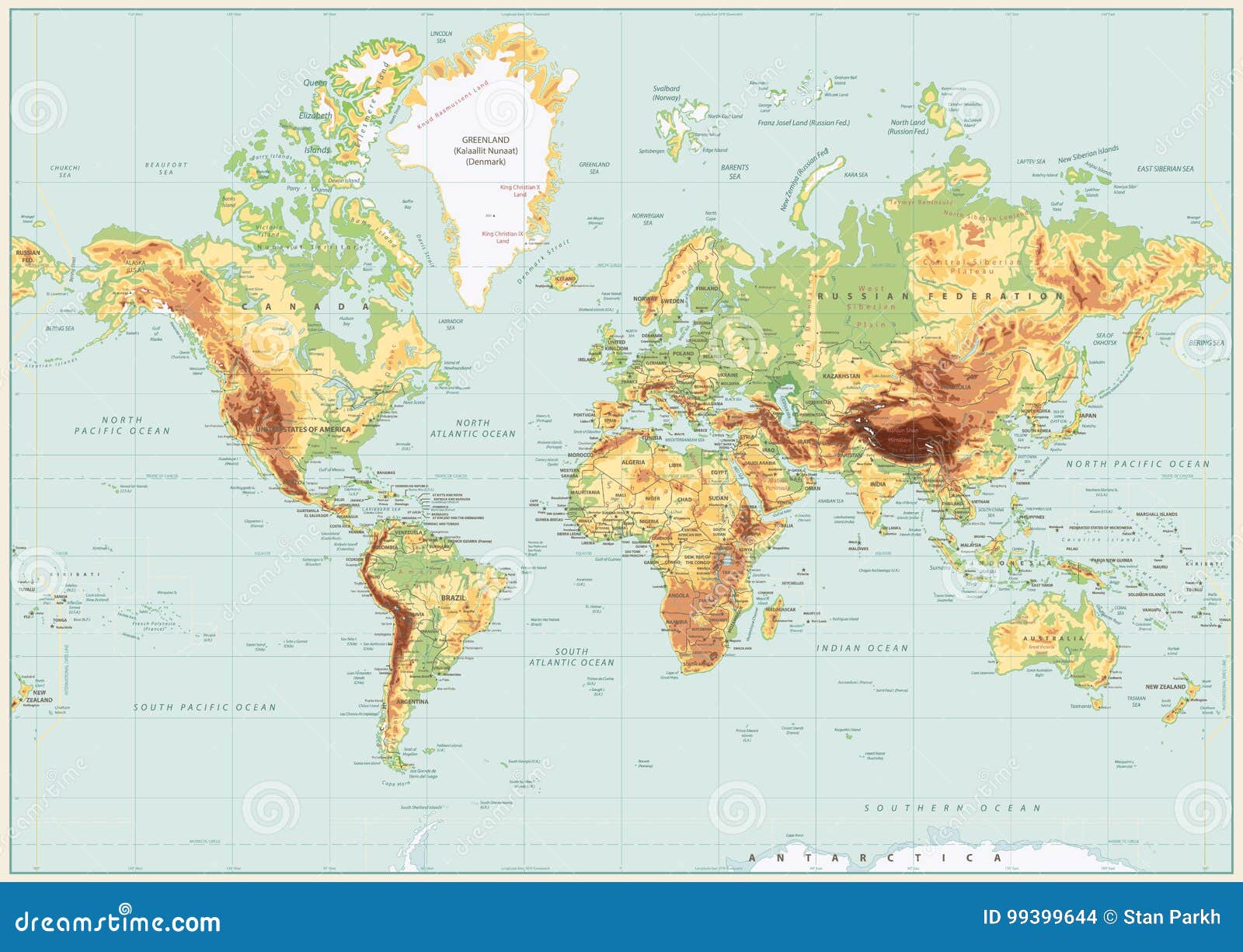 Detailed Physical World Map Retro Colors. No Bathymetry Stock Vector ...