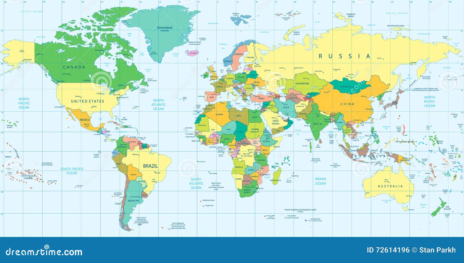 Detailed Political World Map Stock Vector - Illustration of china, grid ...