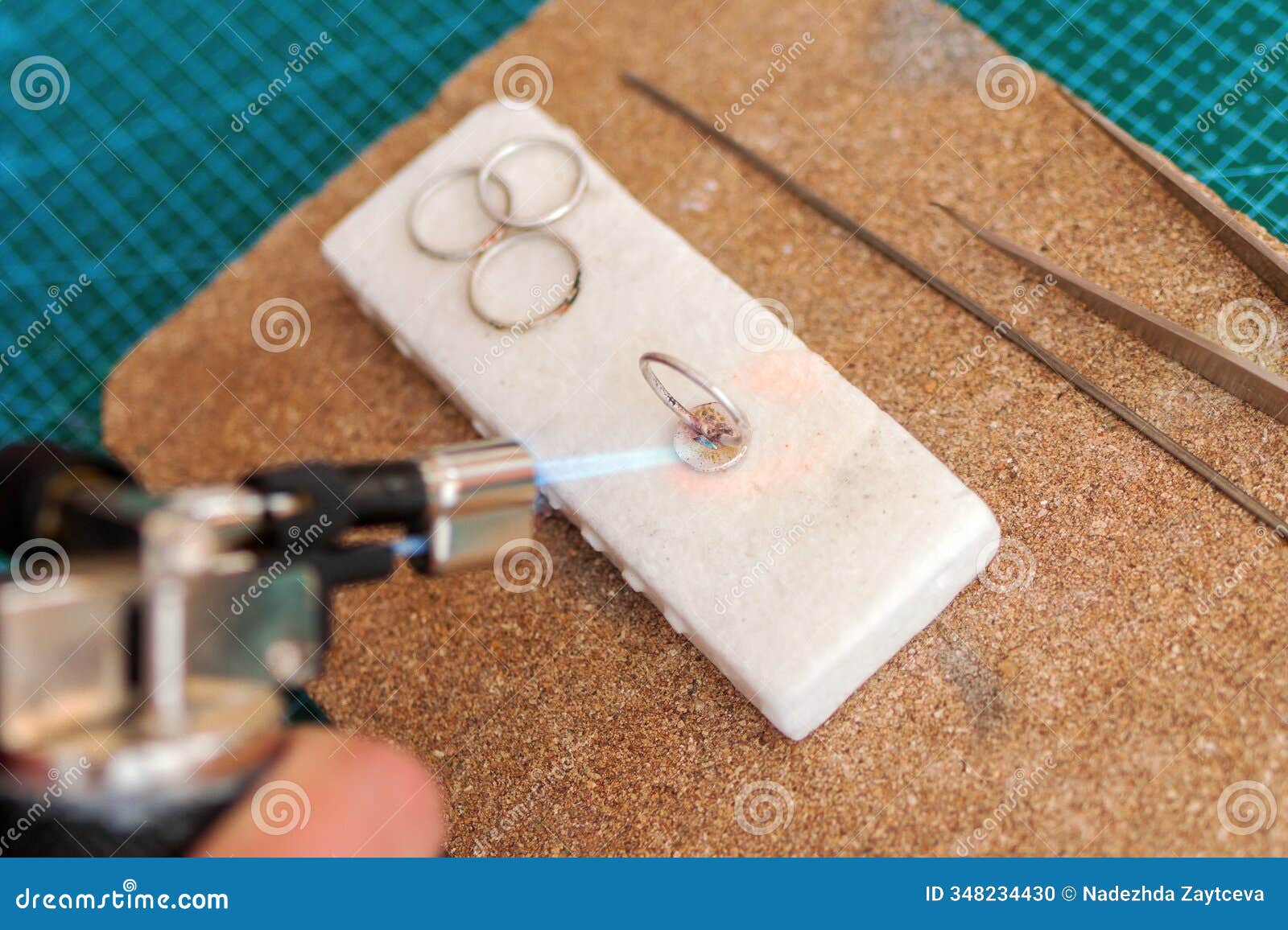 Detailed Process of Jewelry Making with a Torch on a White Work Surface ...