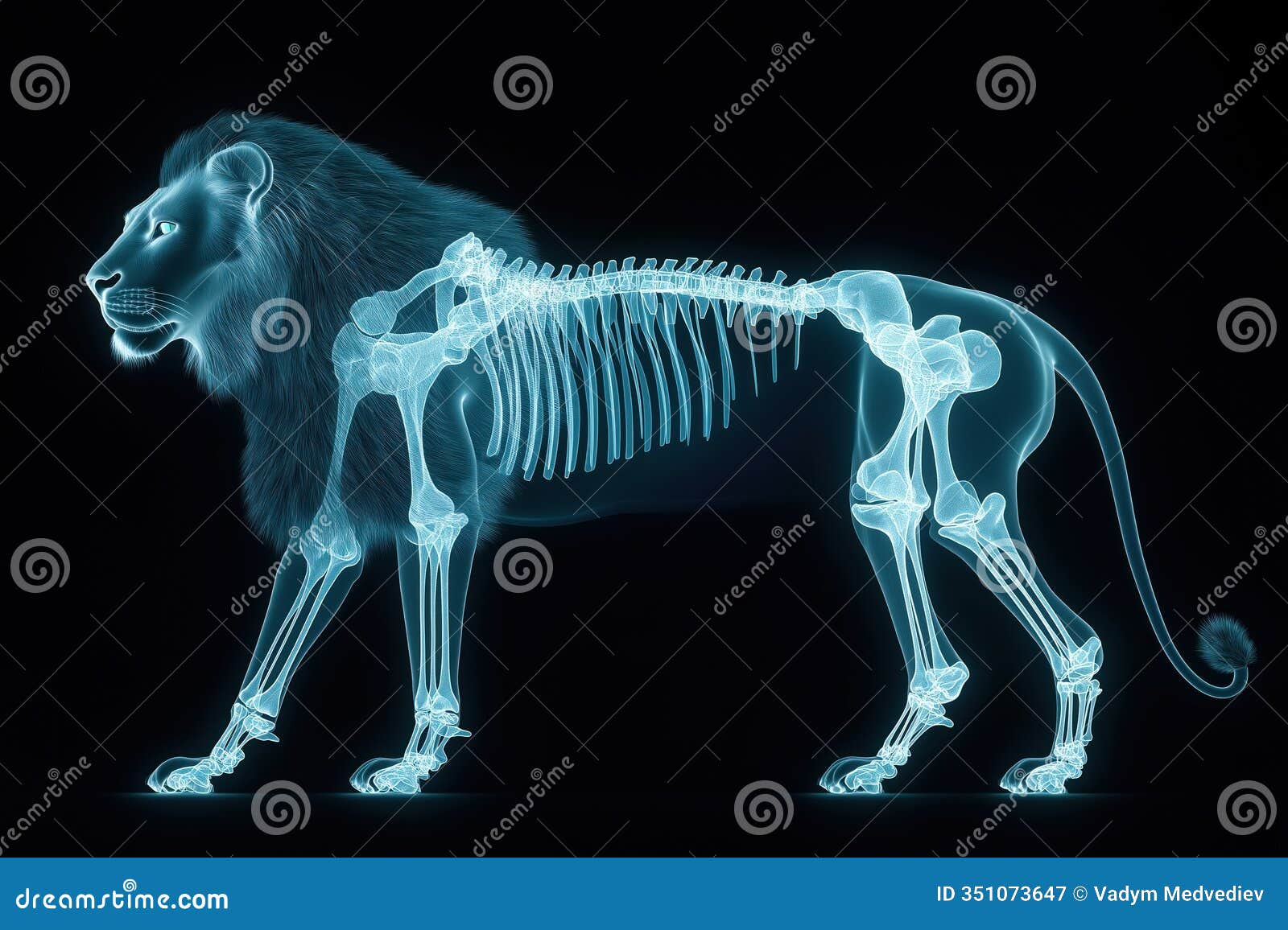 Detailed X-ray Illustration of Lion Glowing Skeleton. Powerful Bone ...