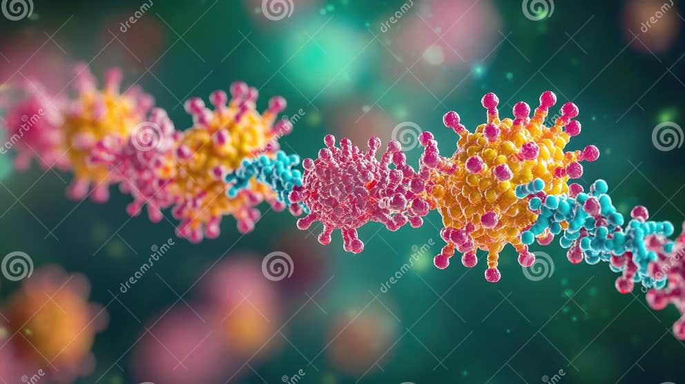 Close Up View of a Molecular RNA Chain Surrounded by Colorful Viruses ...
