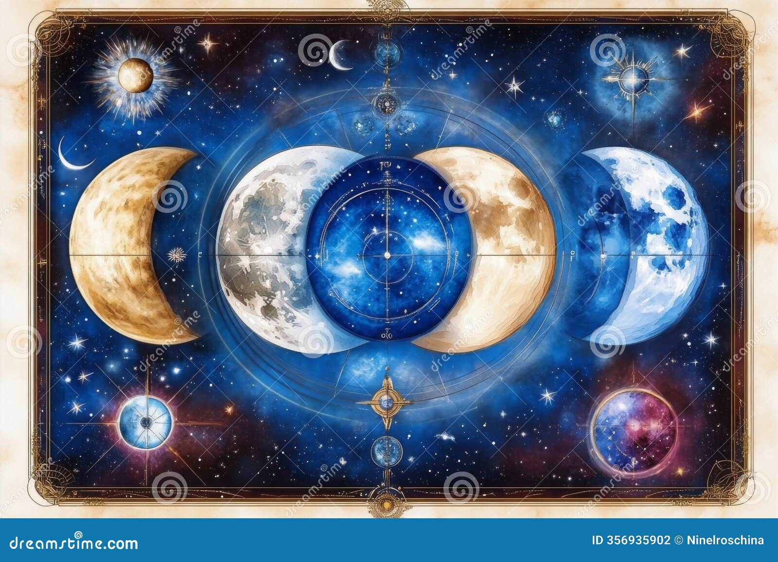 Celestial Bodies and Lunar Phases Illustrated in Map Showcasing ...