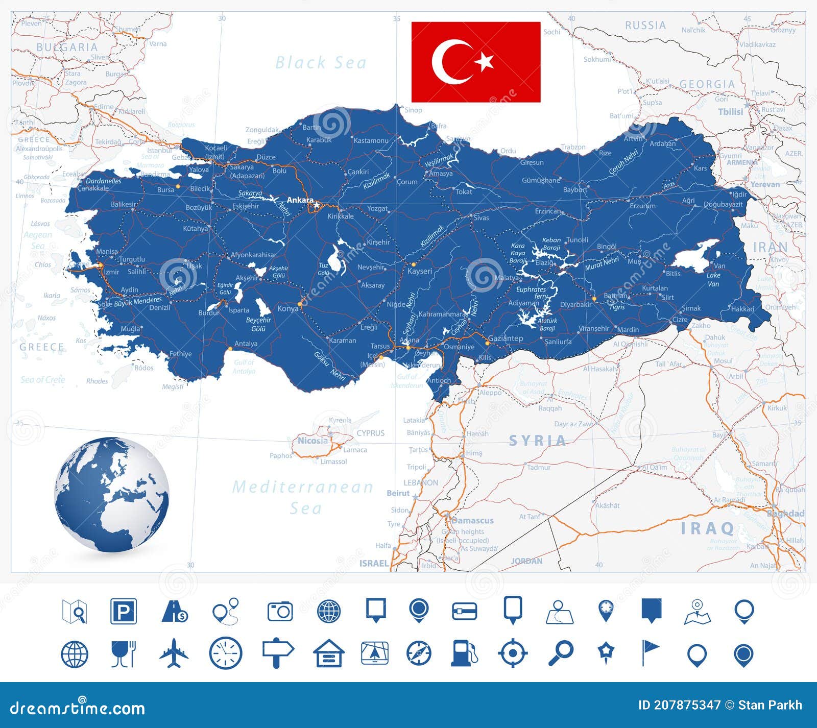 Detailed Road Vector Map of Turkey and Navigation Icons Stock Vector ...