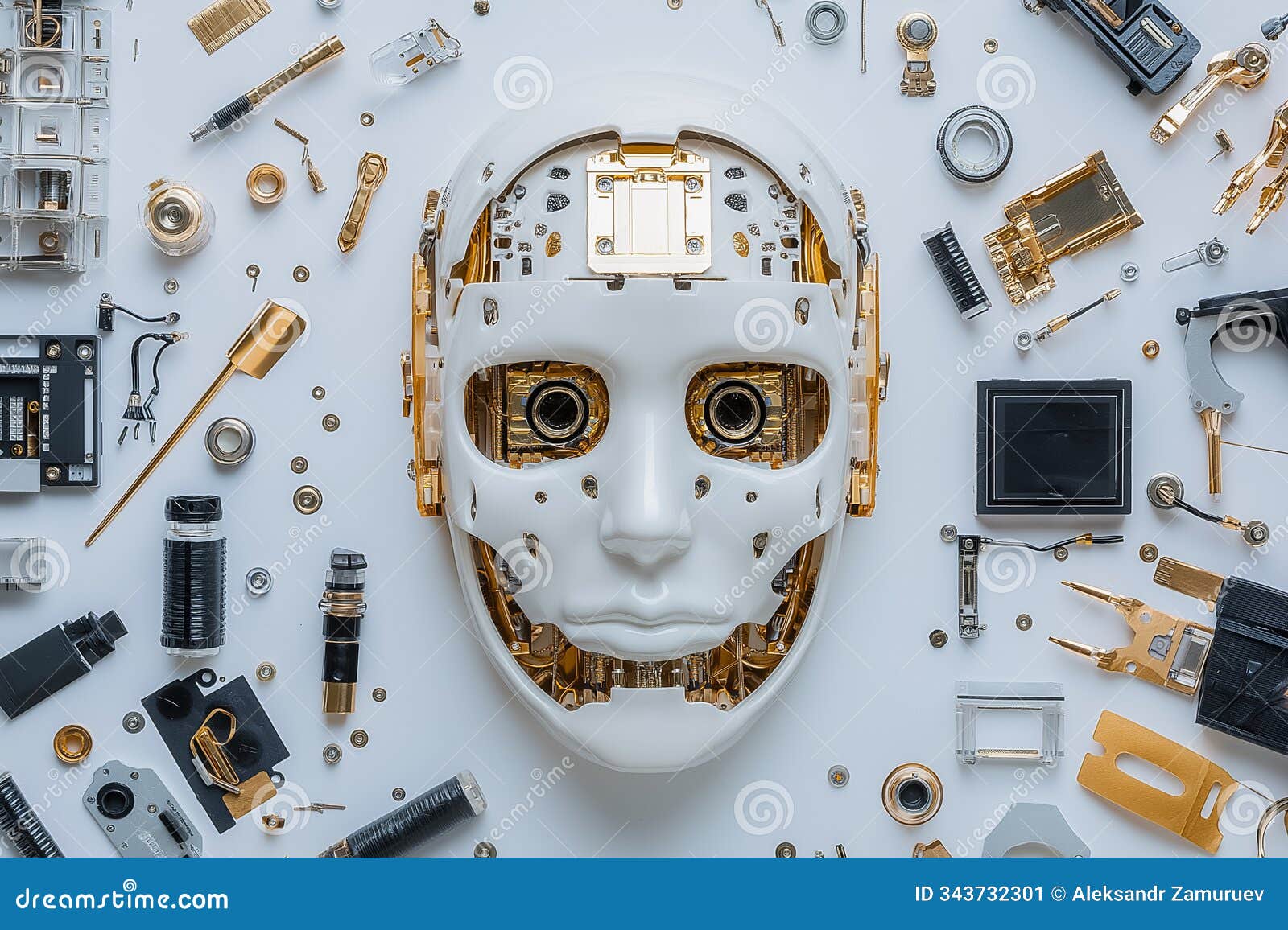 A Detailed Robotic Head Made of Metal Parts is Displayed Amid an Array ...