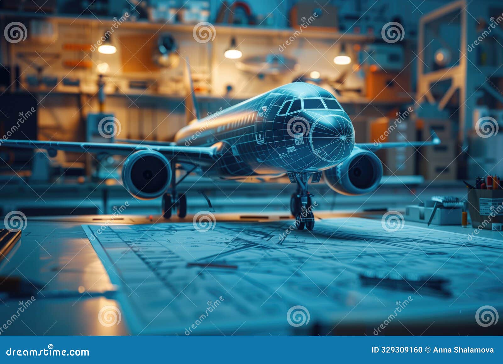 Detailed Scale Model Airplane on Workshop Table with Blueprints and ...