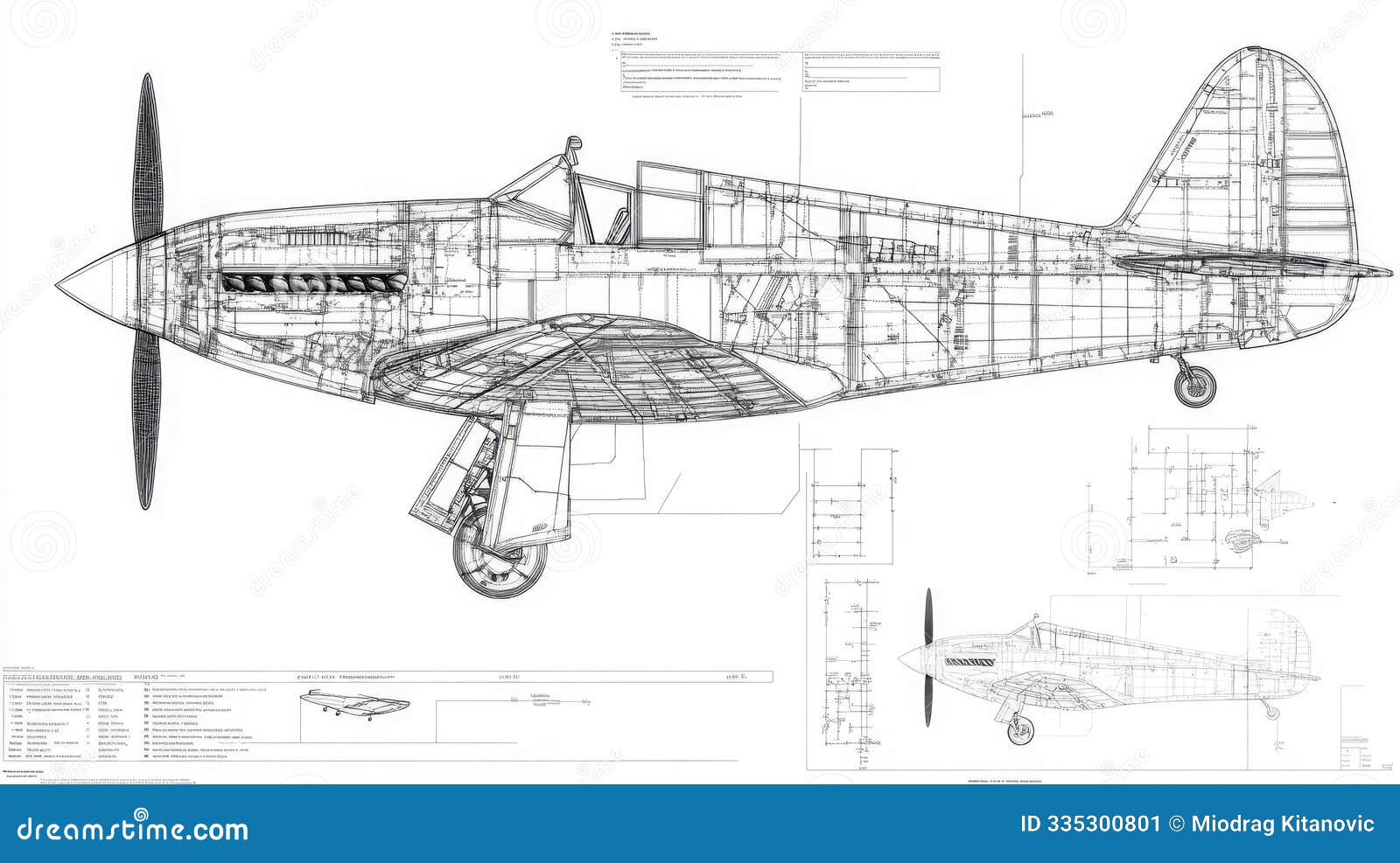 Detailed Schematic Design of a Spitfire Fighter Showcasing Its ...