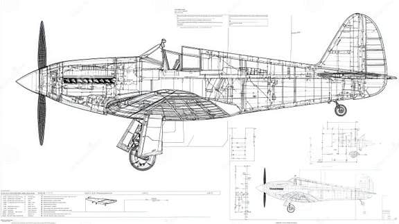 Detailed Schematic Design of a Spitfire Fighter Showcasing Its ...