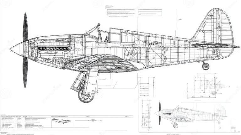 Detailed Schematic Design of a Spitfire Fighter Showcasing Its ...
