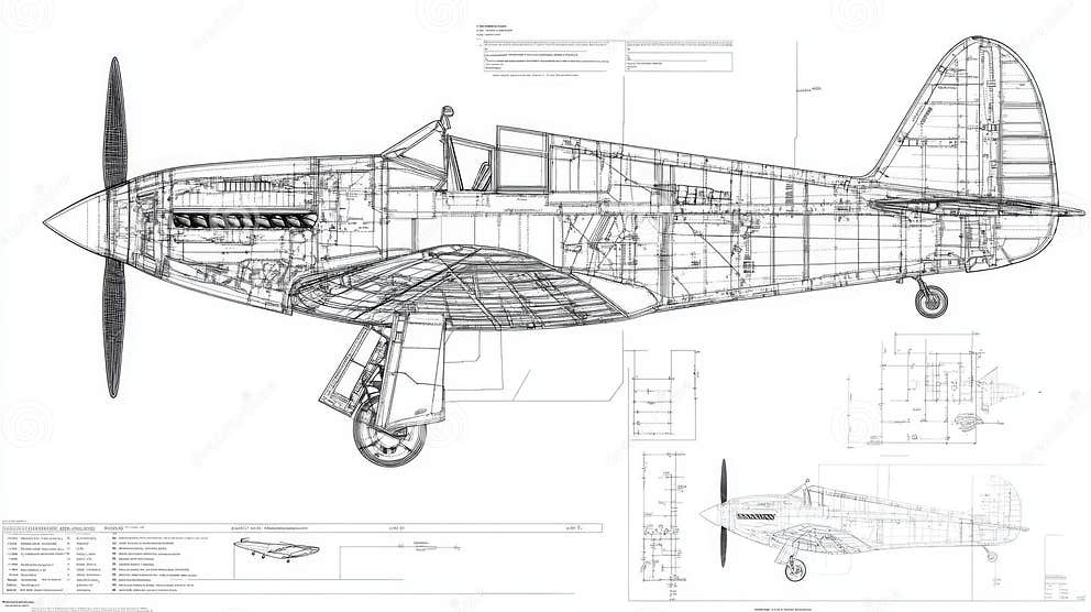 Detailed Schematic Design of a Spitfire Fighter Showcasing Its ...