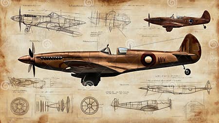 Detailed Schematic of a Spitfire Fighter Aircraft Showcasing Design ...