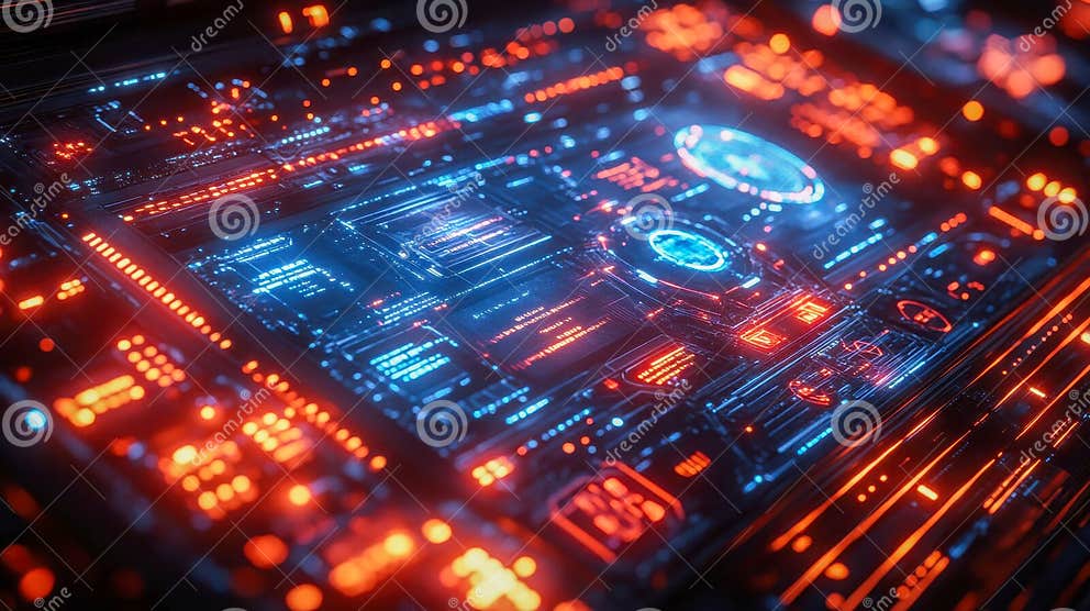 A Detailed Sci-fi Digital Screen with Glowing Red and Blue Components ...