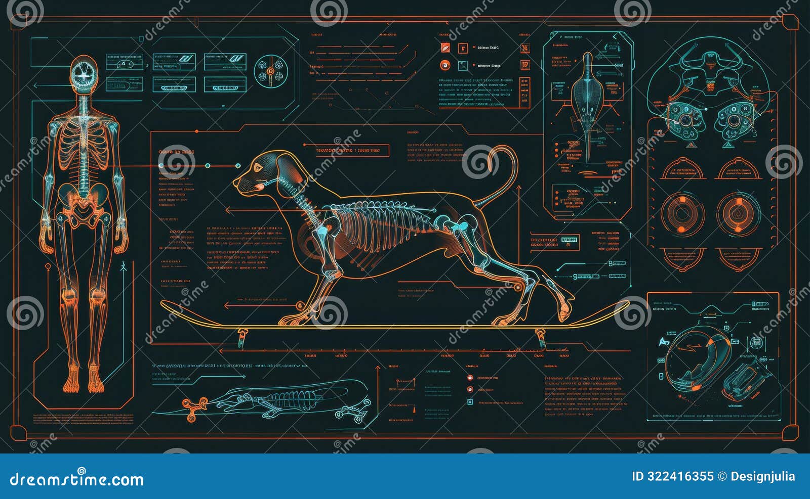 Detailed Side View Diagram of Dachshund Skeleton on Skateboard for ...