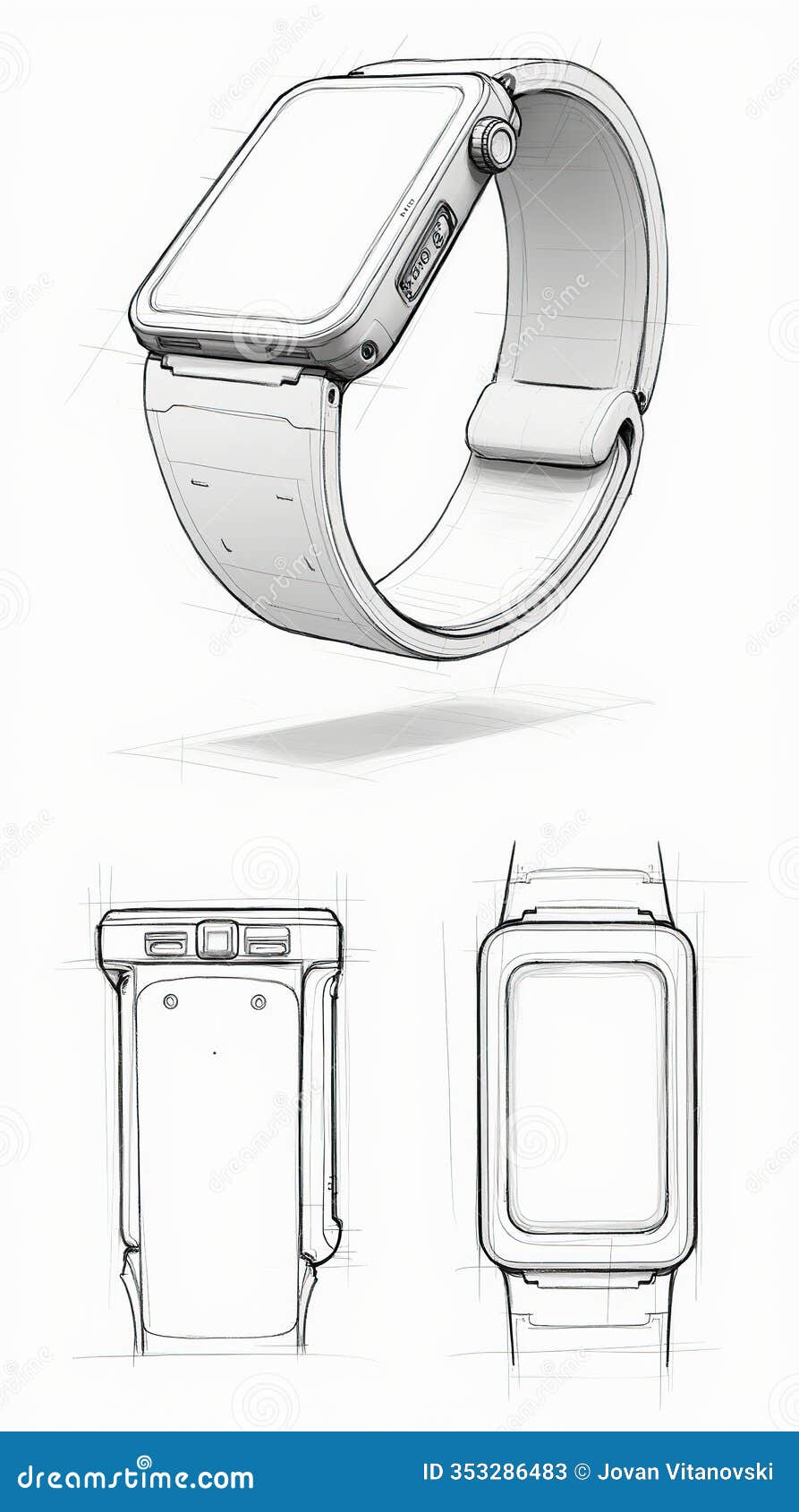 Detailed Sketch of Futuristic Smartwatch Showcasing Multiple Angles and ...