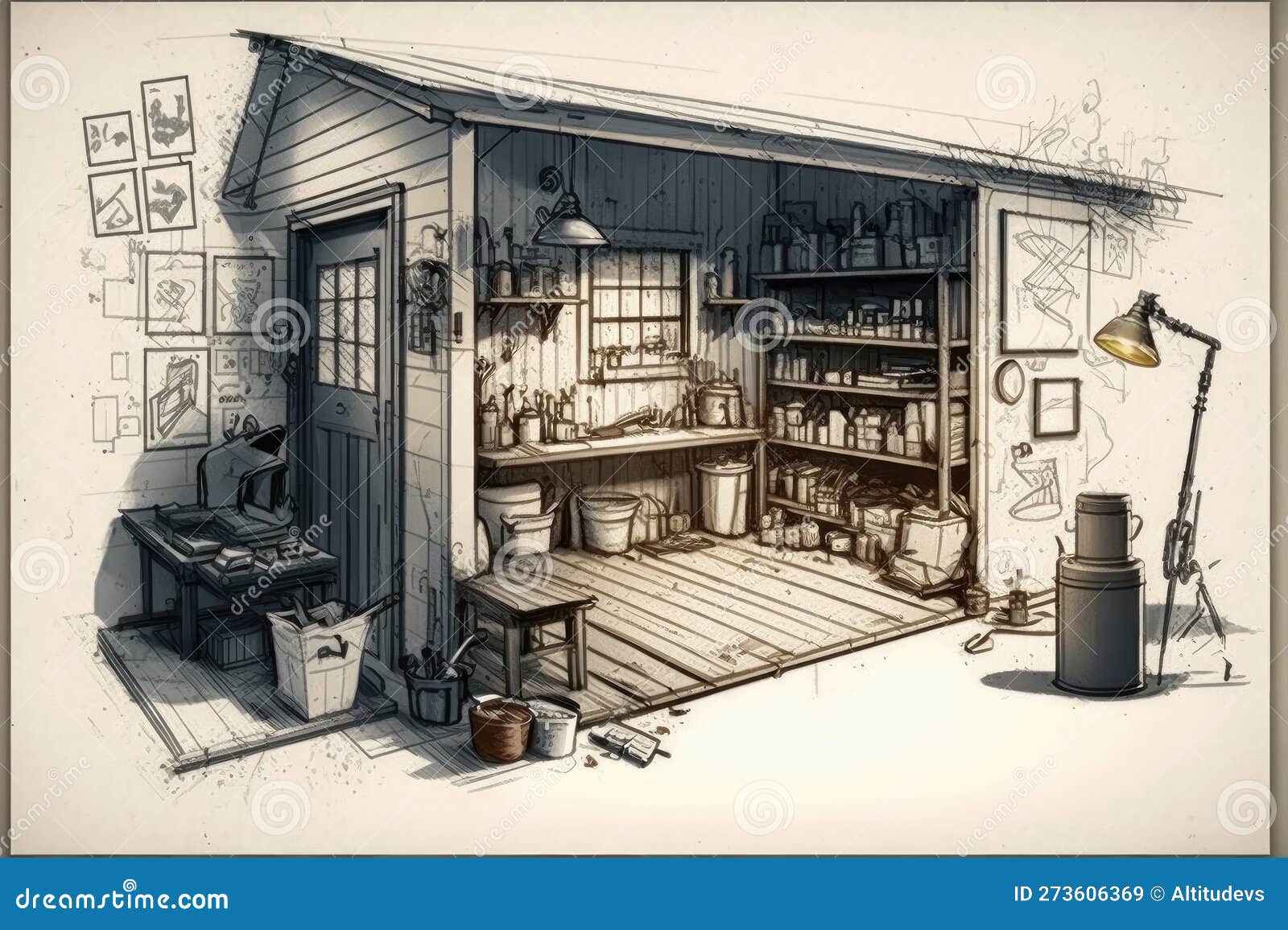 Detailed Sketch of Garage, with Tools and Other Items on Display Stock ...
