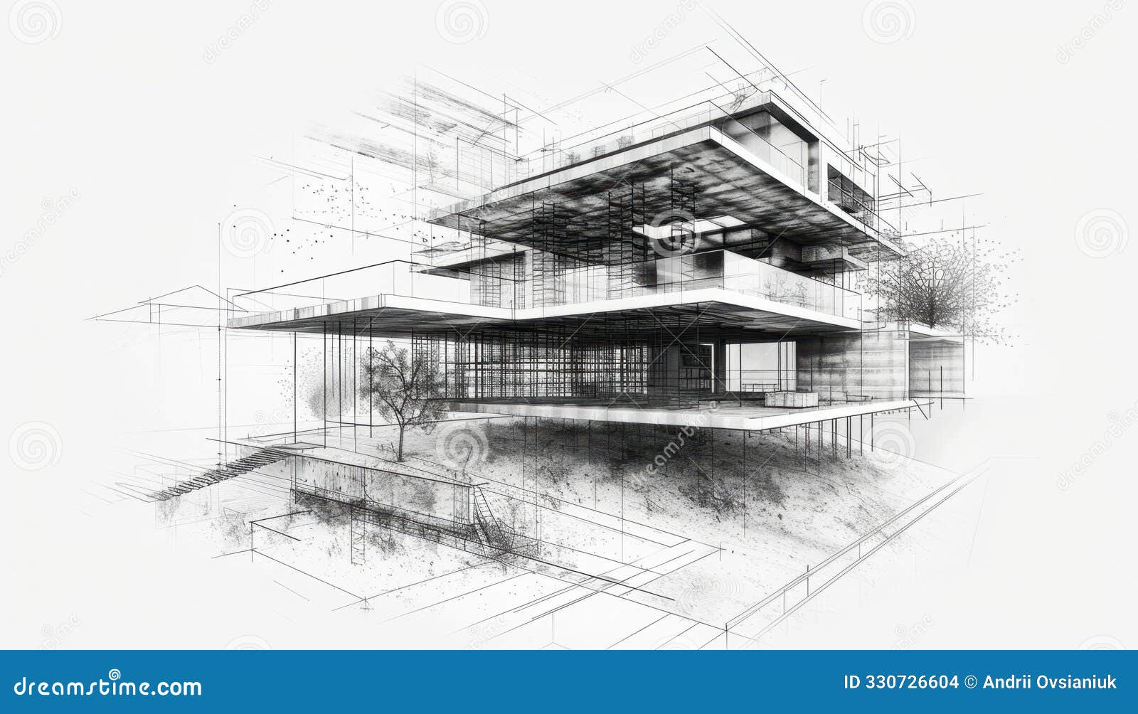 Modern Architectural Sketch of a Multi-level Structure with Unique ...