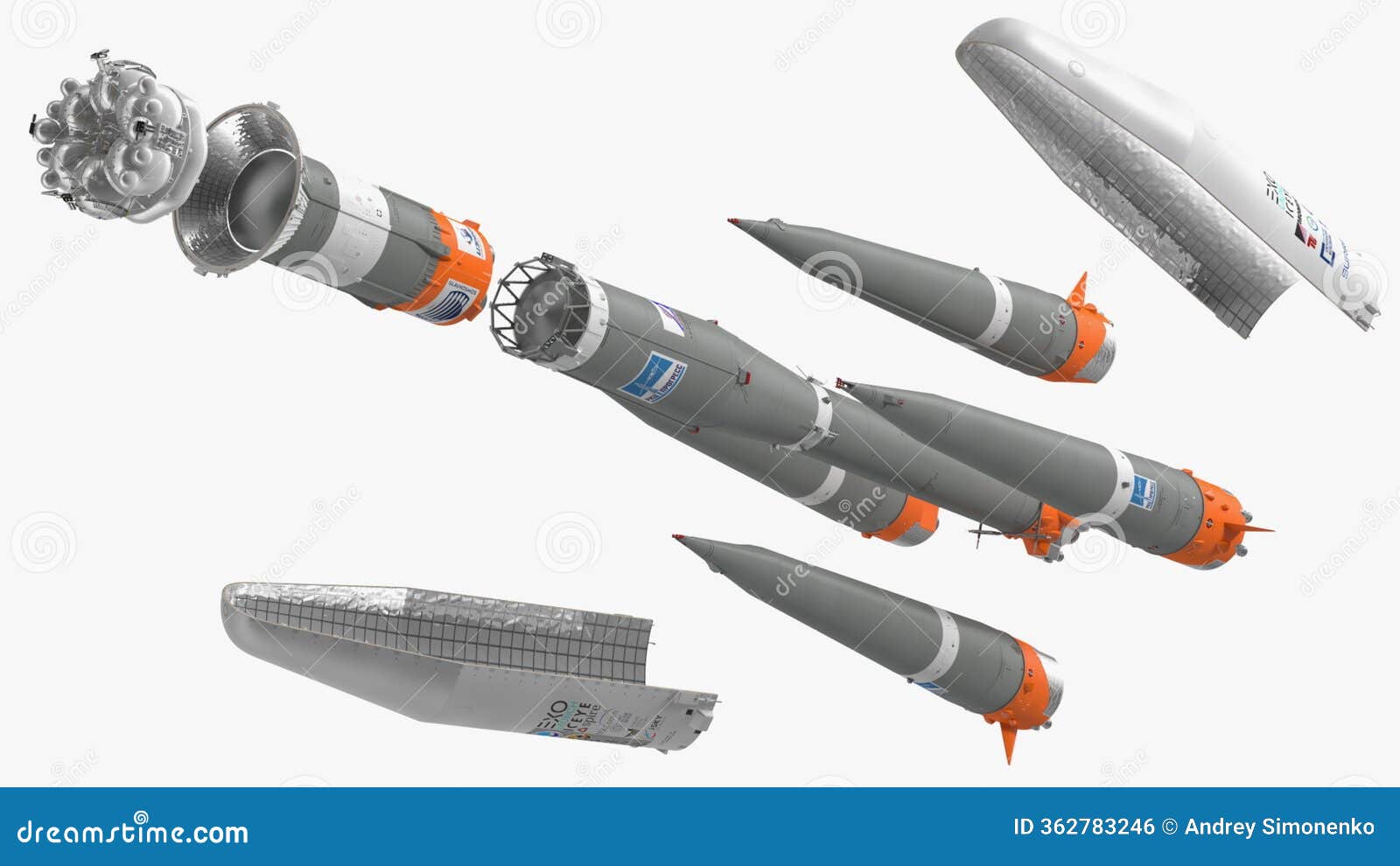 Detailed Space Rocket with Exploded View Segments Stock Photo - Image ...