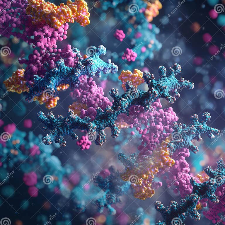 Close Up View of a Molecular RNA Chain Interacting with Multiple Types ...