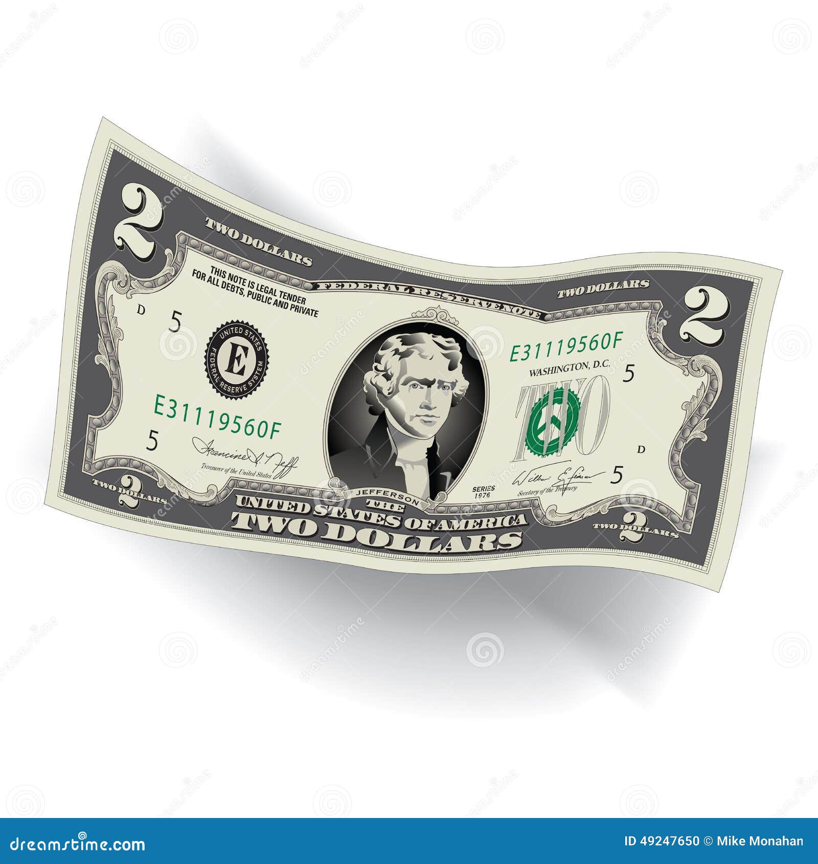 A Detailed, Stylized Drawing of a 2 Dollar Bill Stock Vector ...