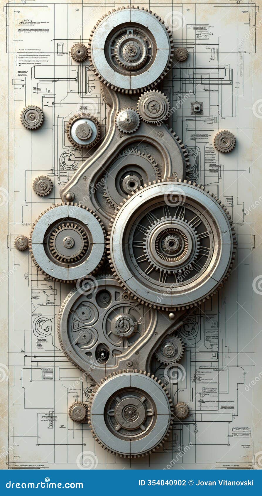 Detailed Technical Blueprint of a Mechanical Gear System with Circular ...
