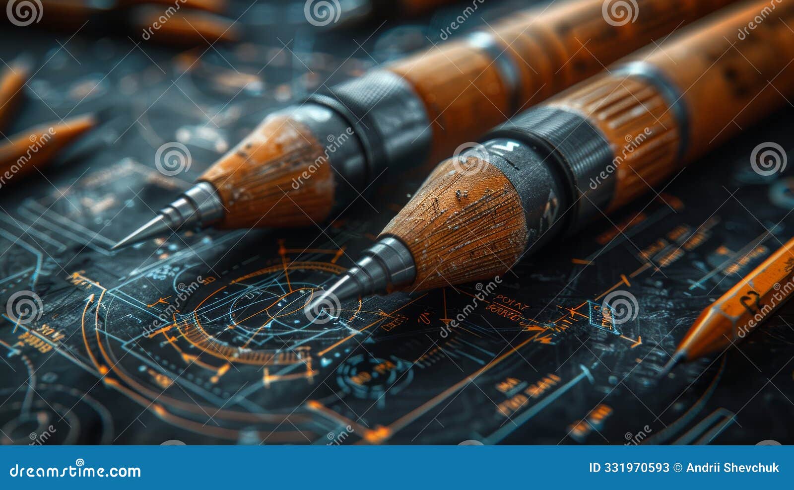 Detailed Technical Drawing with Mechanical Pencils on Dark Surface ...
