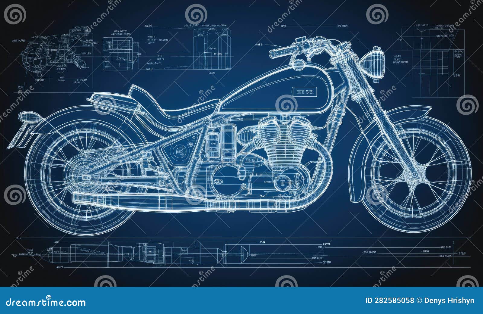 Detailed Technical Drawing of a Motorcycle Showcased in a Blueprint ...