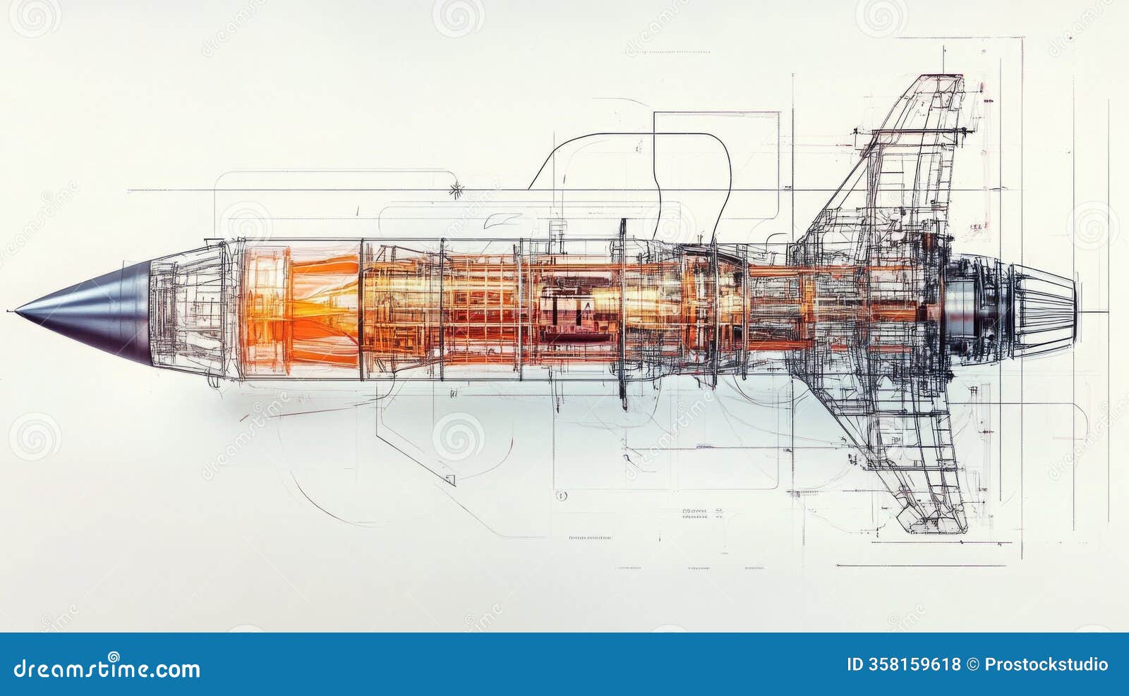 Detailed Technical Drawing of a Rocket with Intricate Design and ...