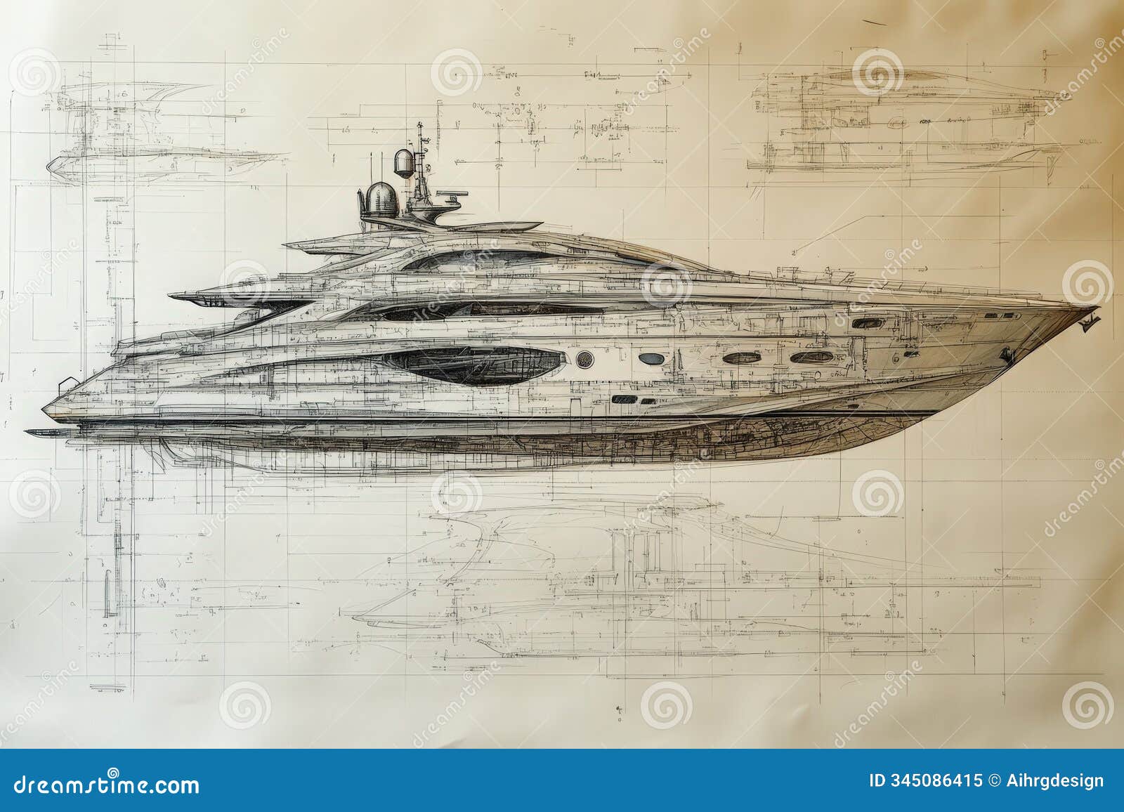 Intricate Technical Sketch of a Modern Yacht Design with Detailed ...
