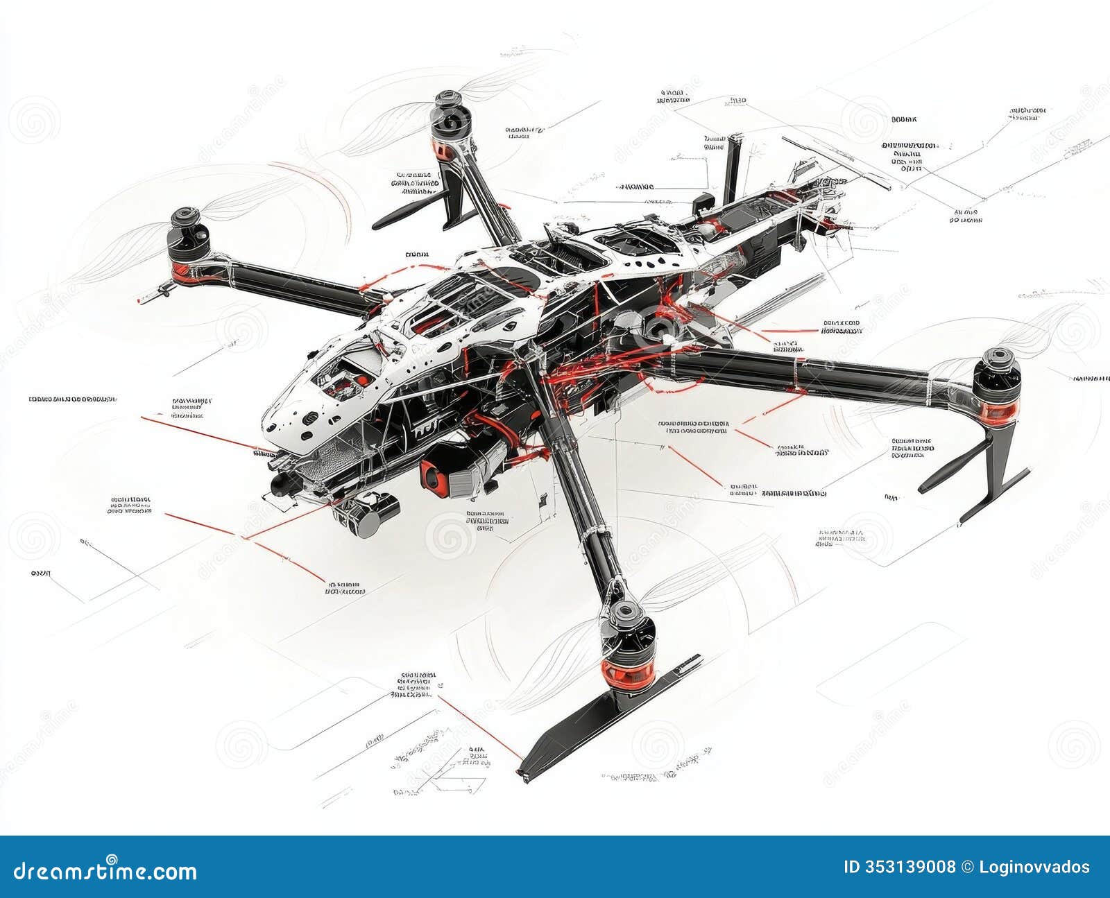 Detailed Technical Illustration of a Drone Showcasing Its Components ...