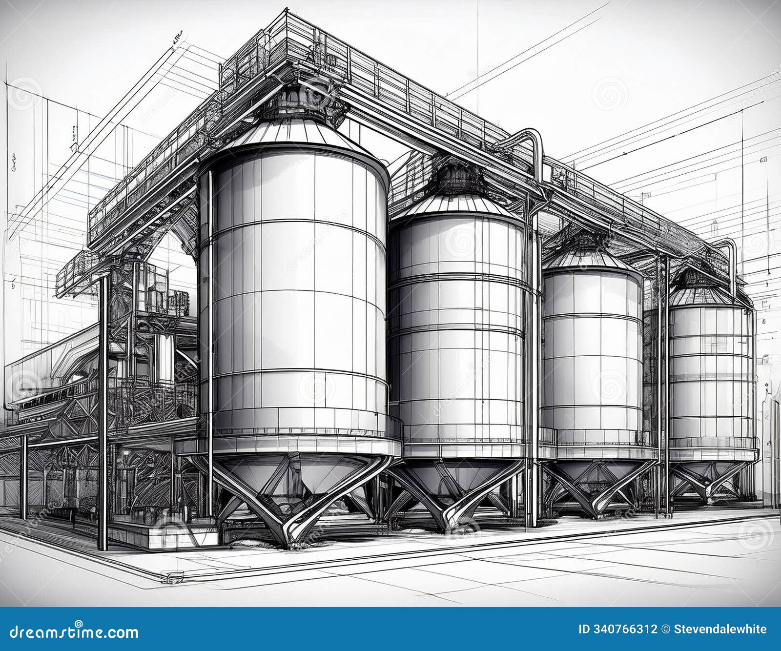Detailed Technical Illustration of Large Industrial Silos and ...