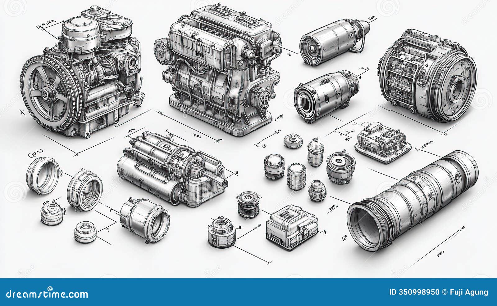 Detailed Technical Illustration of Various Engine Parts, Components ...