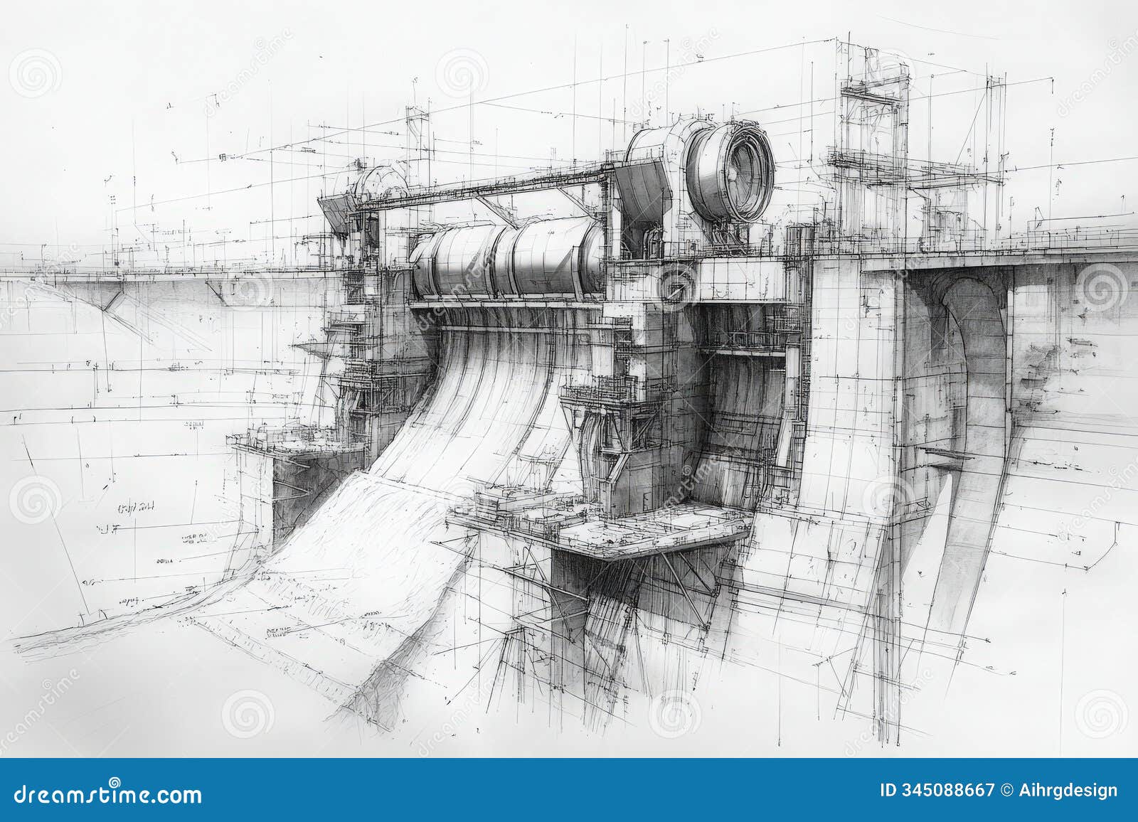 Technical Sketch of a Hydroelectric Dam Design Featuring Engineering ...