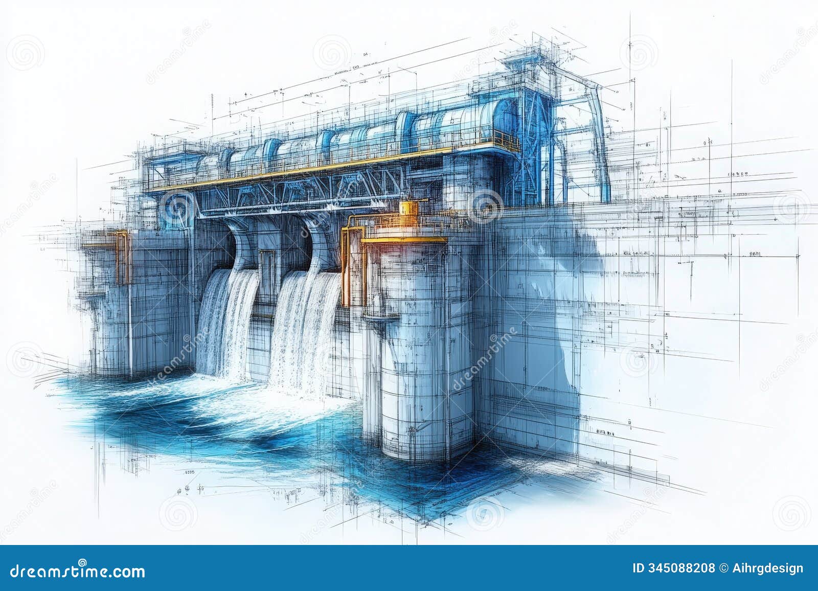 Technical Sketch of a Hydroelectric Dam Highlighting Structure, Water ...