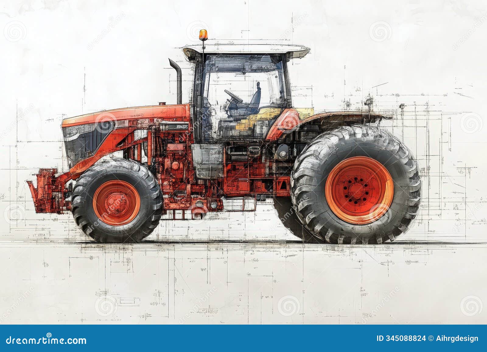 Technical Sketch Drawing of a Modern Tractor Showcasing Detailed Design ...