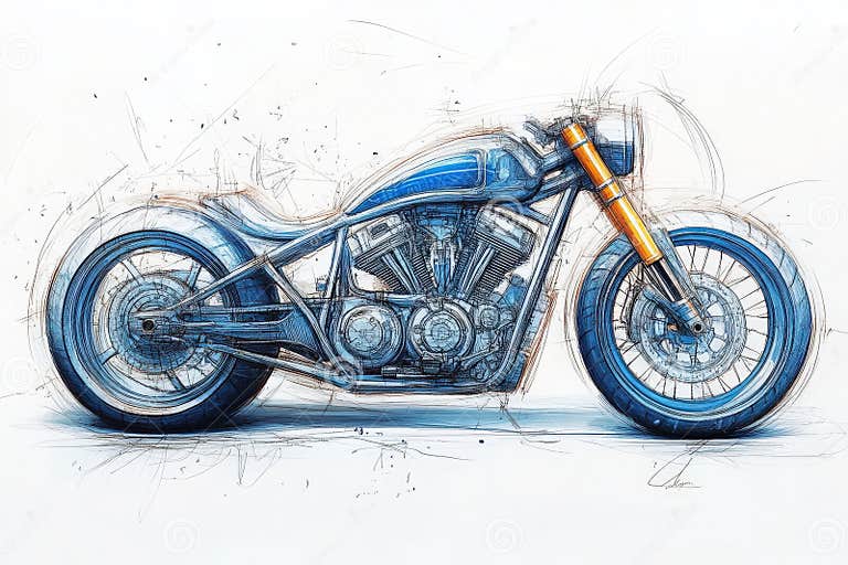 Technical Sketch of a Motorcycle Design Showcasing Unique Features and ...