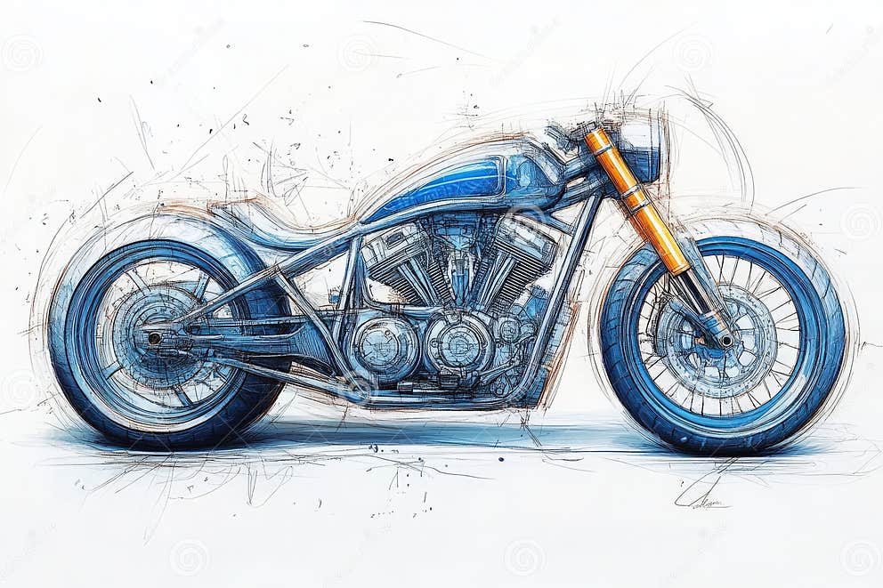 Technical Sketch of a Motorcycle Design Showcasing Unique Features and ...