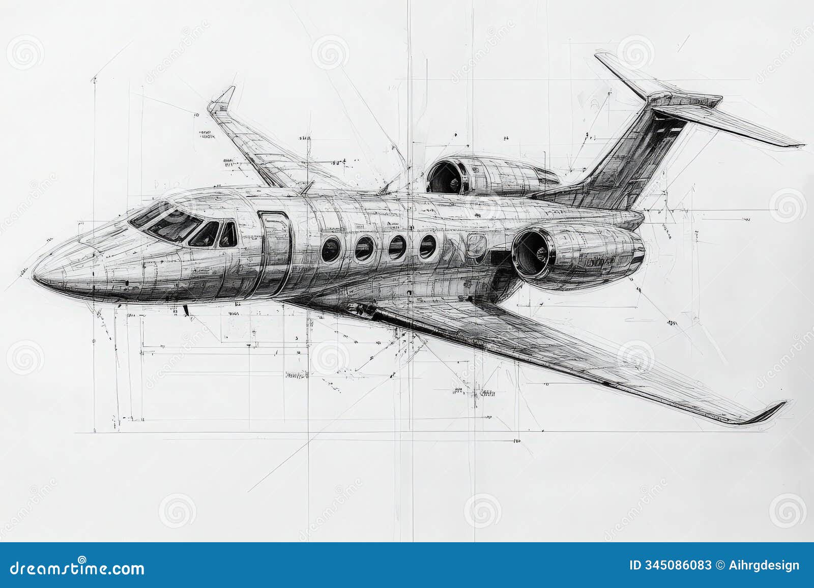 Technical Sketch of a Private Jet Design Featuring Detailed Engineering ...