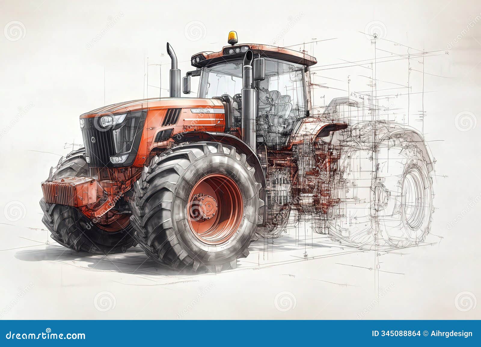 Technical Sketch of a Modern Tractor Highlighting Design Details and ...