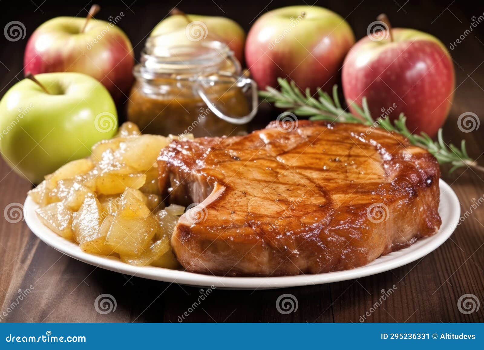Detailed Texture Shot of Glazed Pork Chops with Apple Sauce in Natural ...