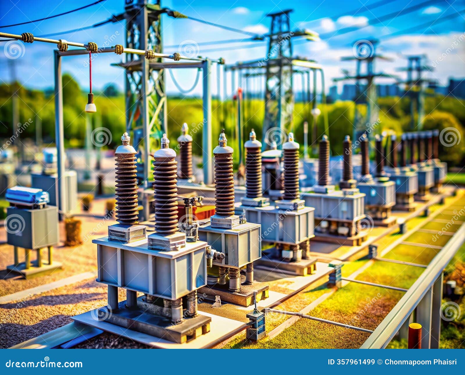 Detailed TiltShift View Of A Miniature HighVoltage Power Substation ...