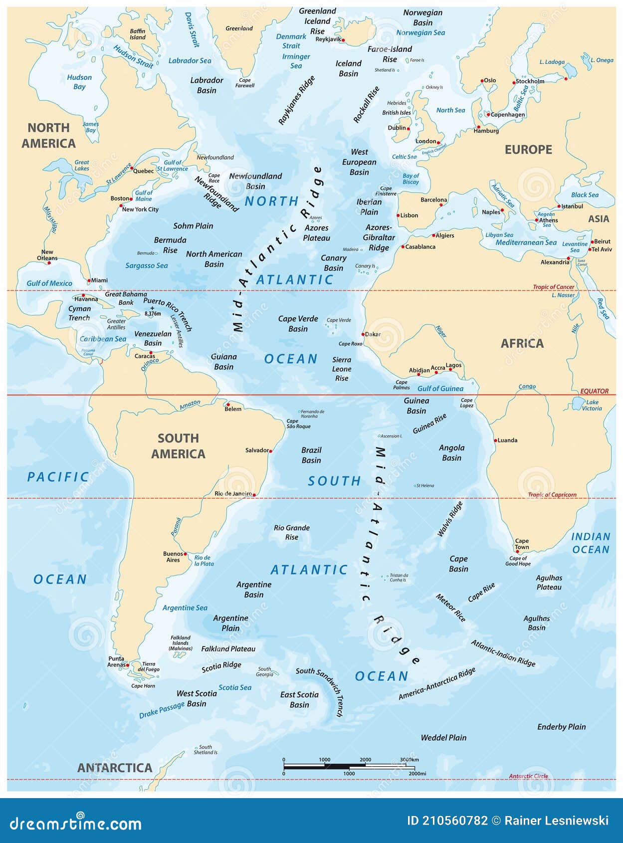 Detailed Vector Map of the Atlantic Ocean Stock Vector - Illustration ...
