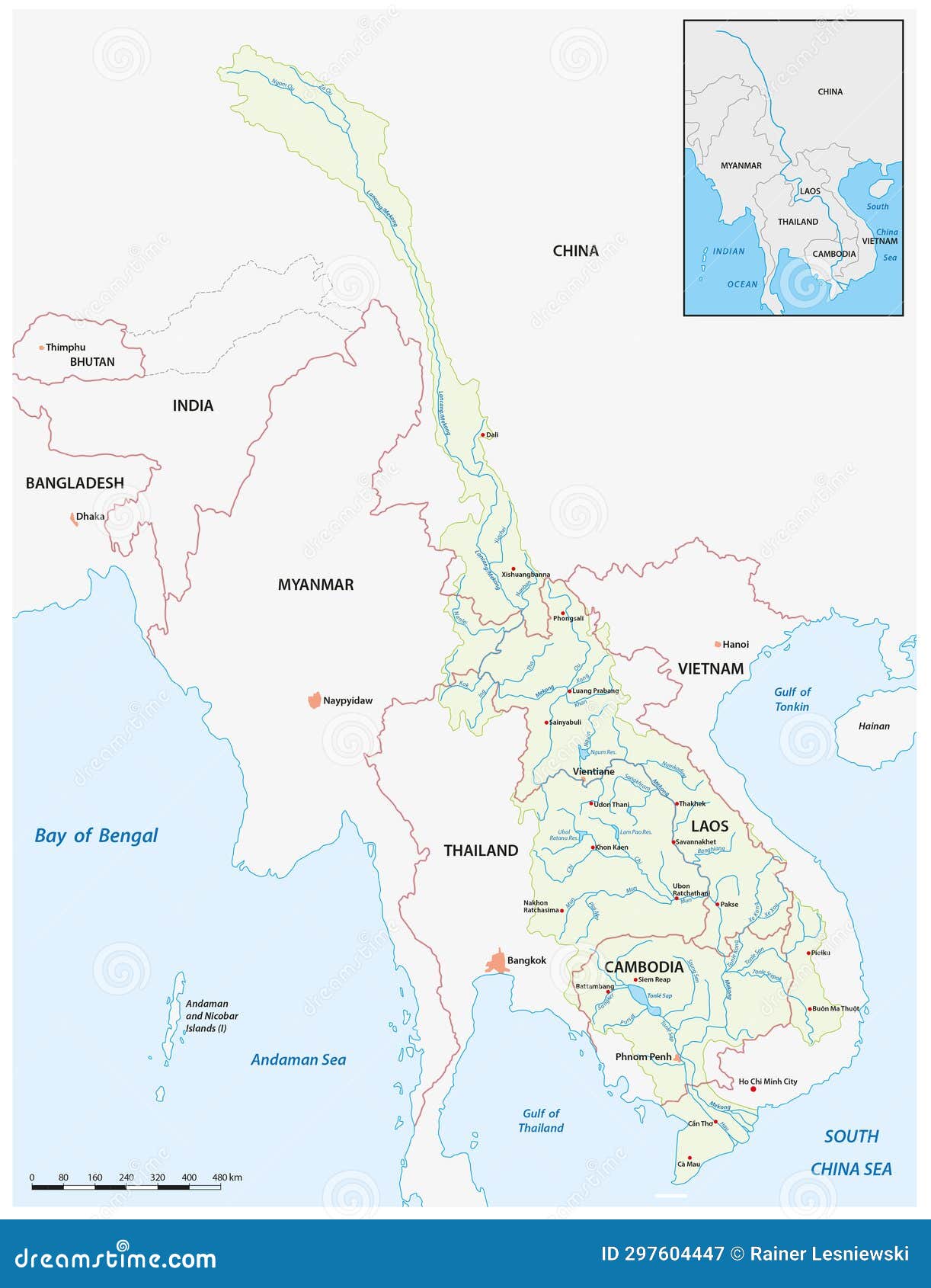 Detailed Vector Map of Mekong River Stock Vector - Illustration of ...