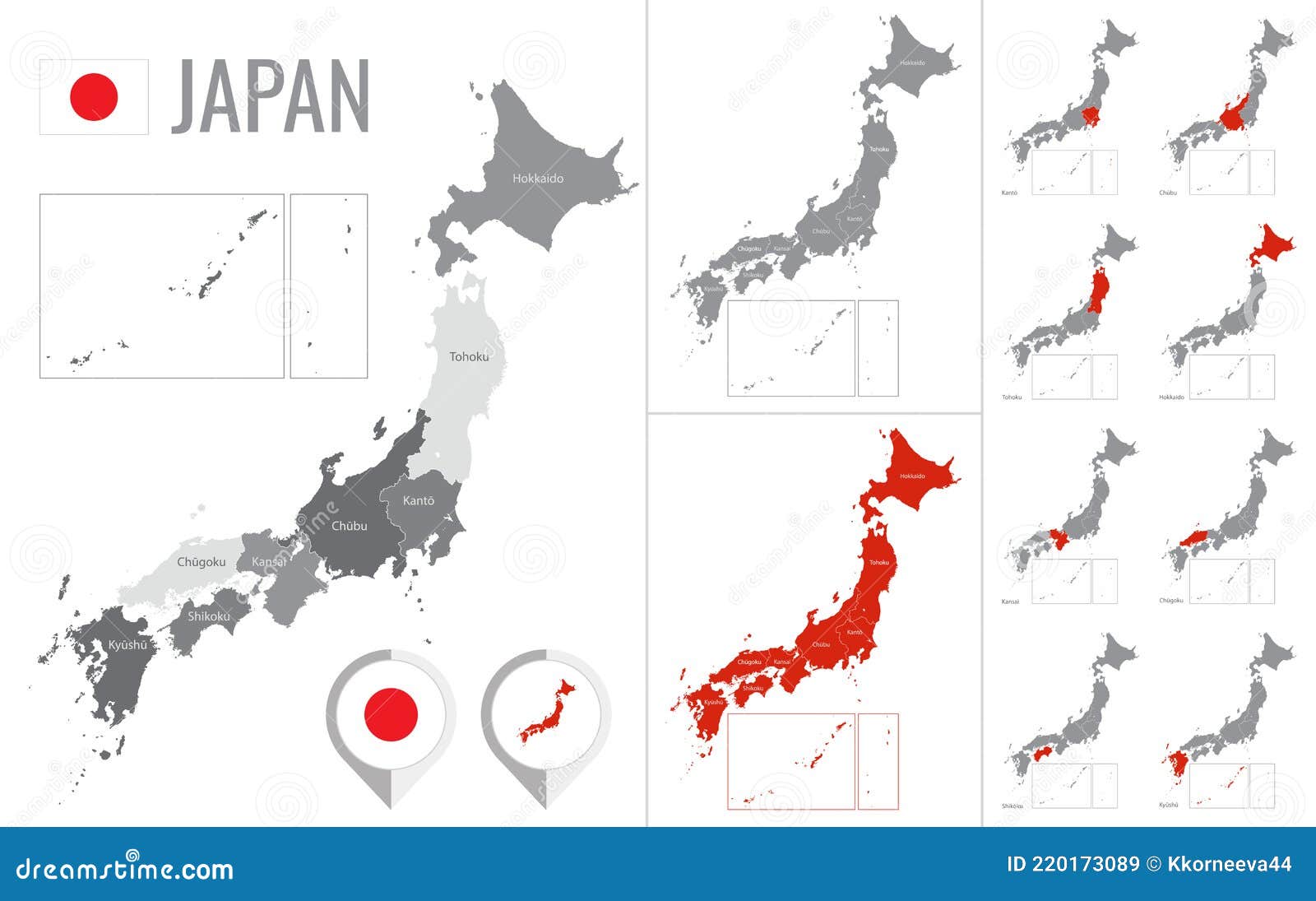 Detailed Vector Map of Regions of Japan with Flag Stock Vector ...