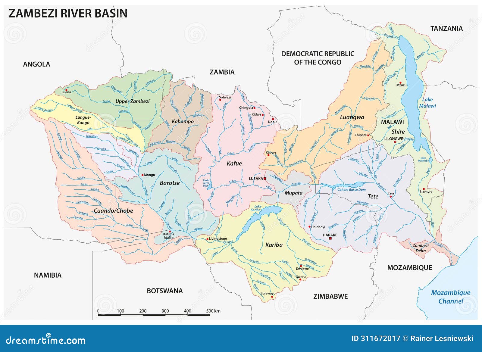 Lake Kariba Reservoir (Africa, Republic Of Zambia And Zimbabwe) Map Vector Illustration ...