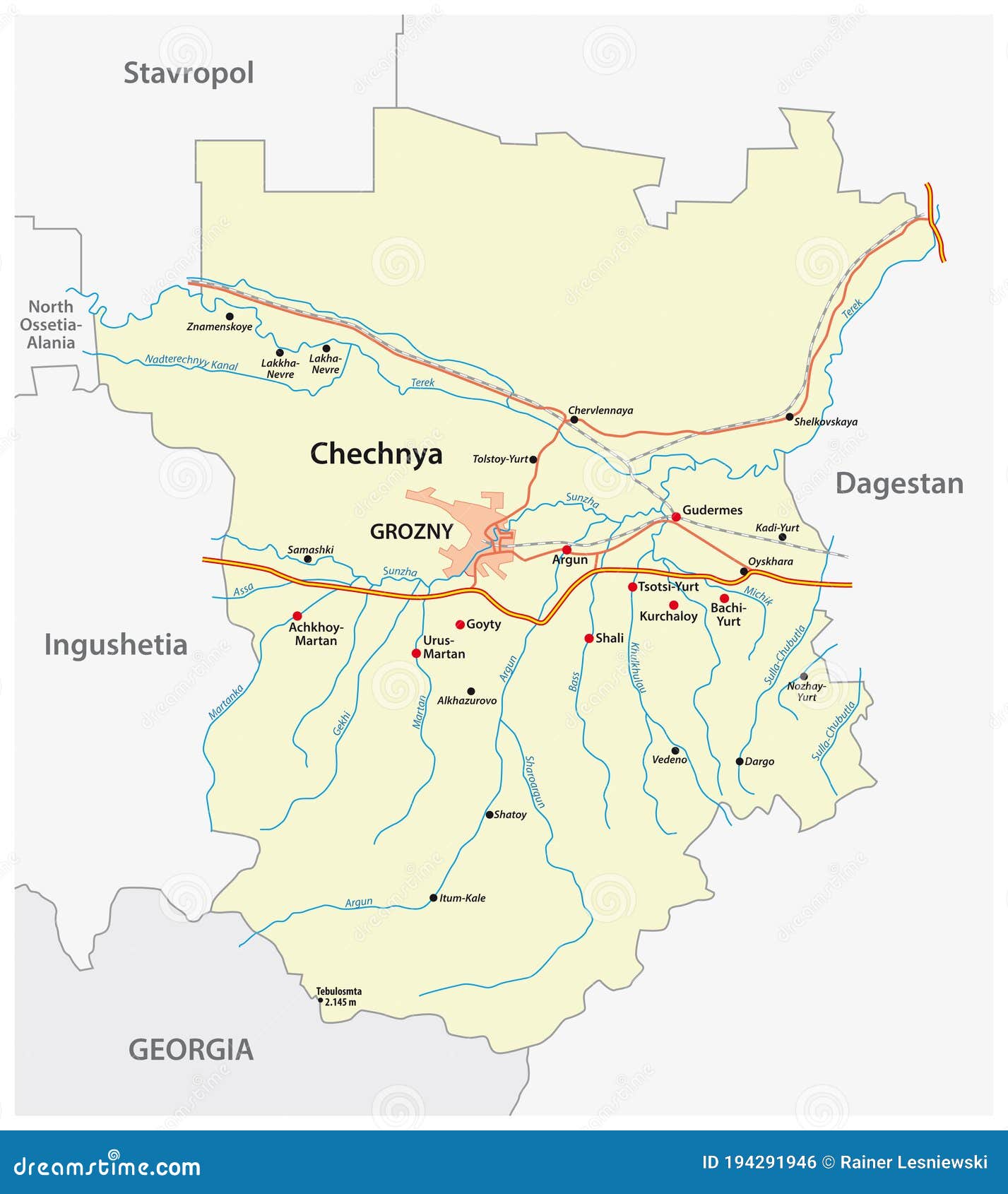 Detailed Vector Road Map of Chechen Republic, Russia Stock Vector ...