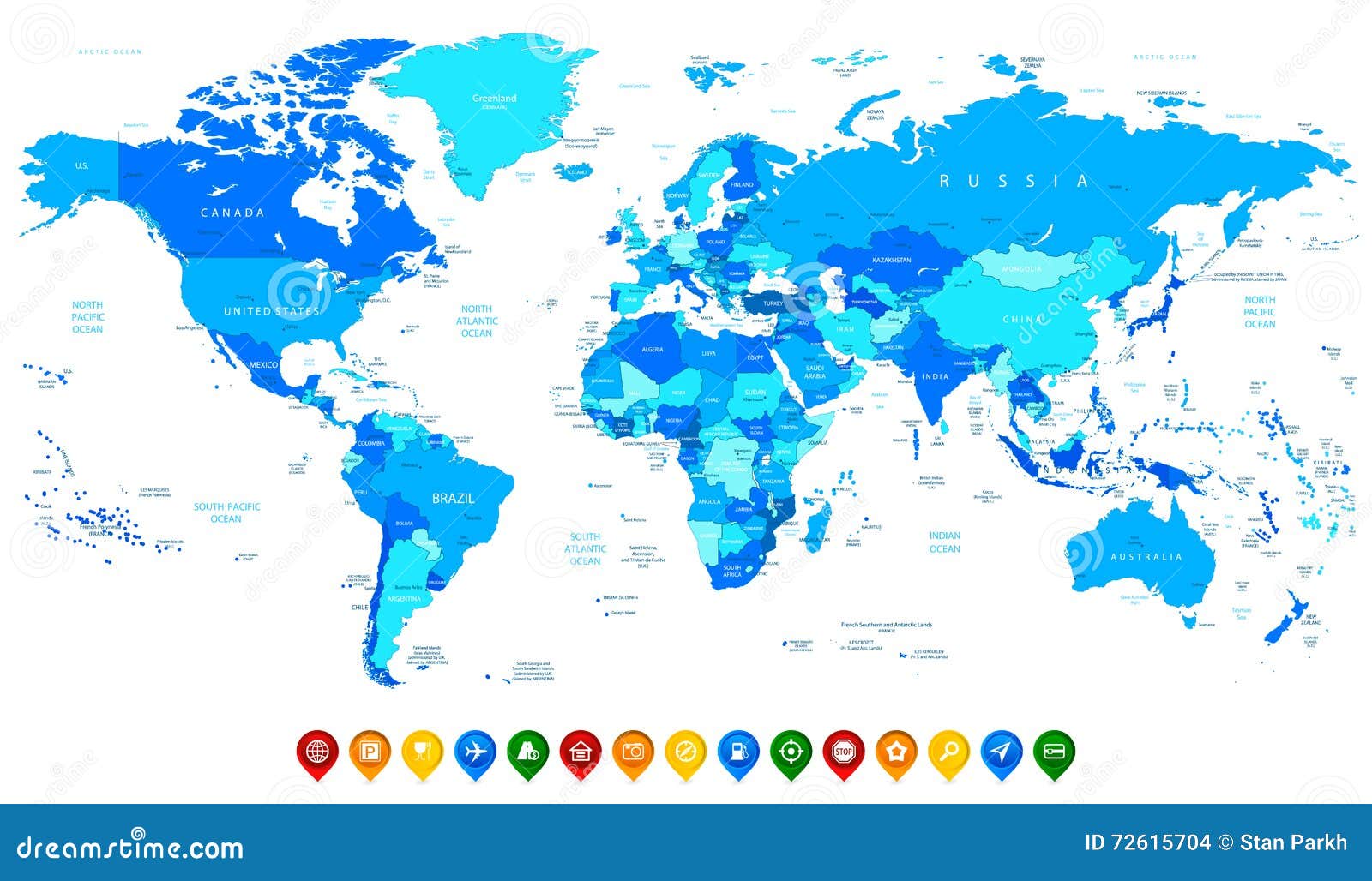 Detailed Vector World Map of Blue Colors and Colorful Map Pointers ...