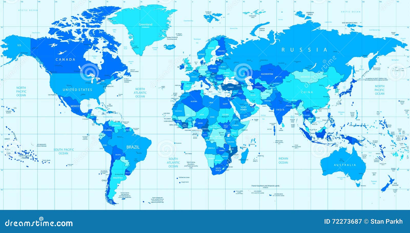 Detailed Vector World Map of Blue Colors Stock Vector - Illustration of ...