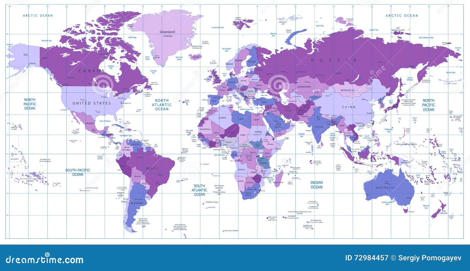 Detailed Vector World Map of Violet Colors Stock Vector - Illustration ...